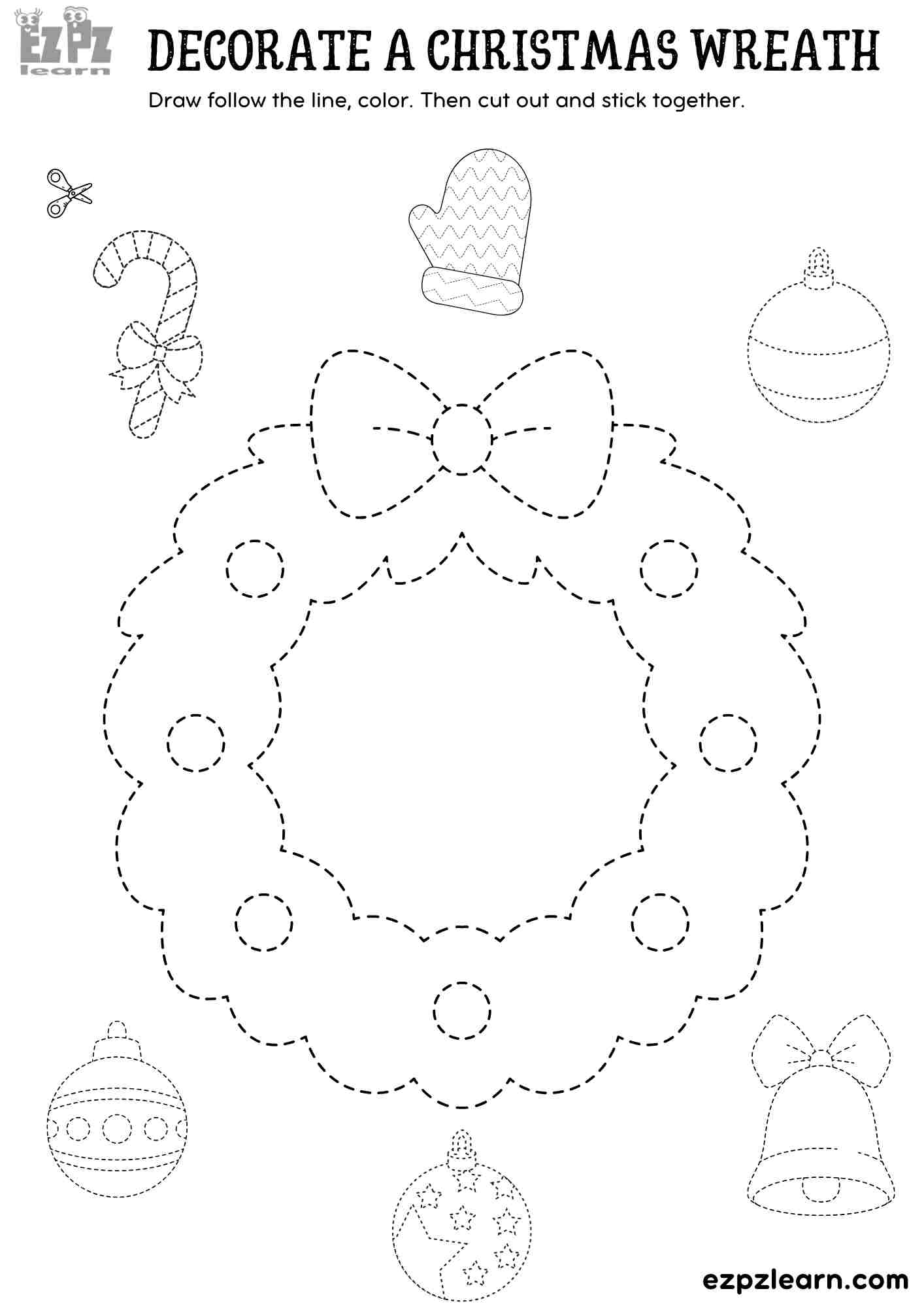 Printable Cut and Paste Decorate a Christmas Wreath - Fun Holiday Craft for Kids - Ezpzlearn.com